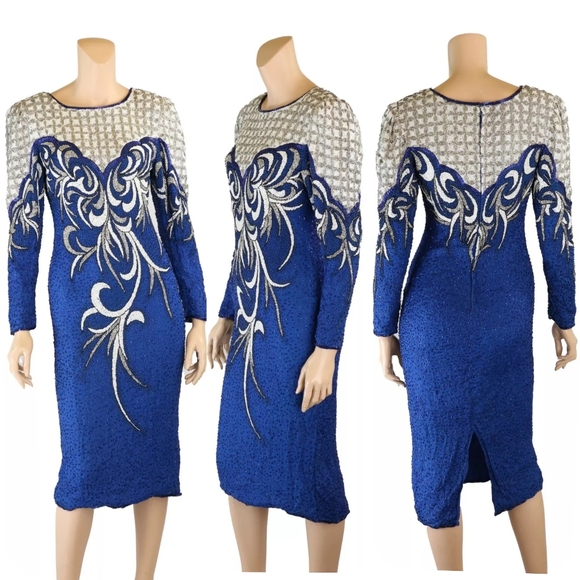 alisha | Dresses | Alisha Vintage 8s Blue White Beaded Silk Pageant ...